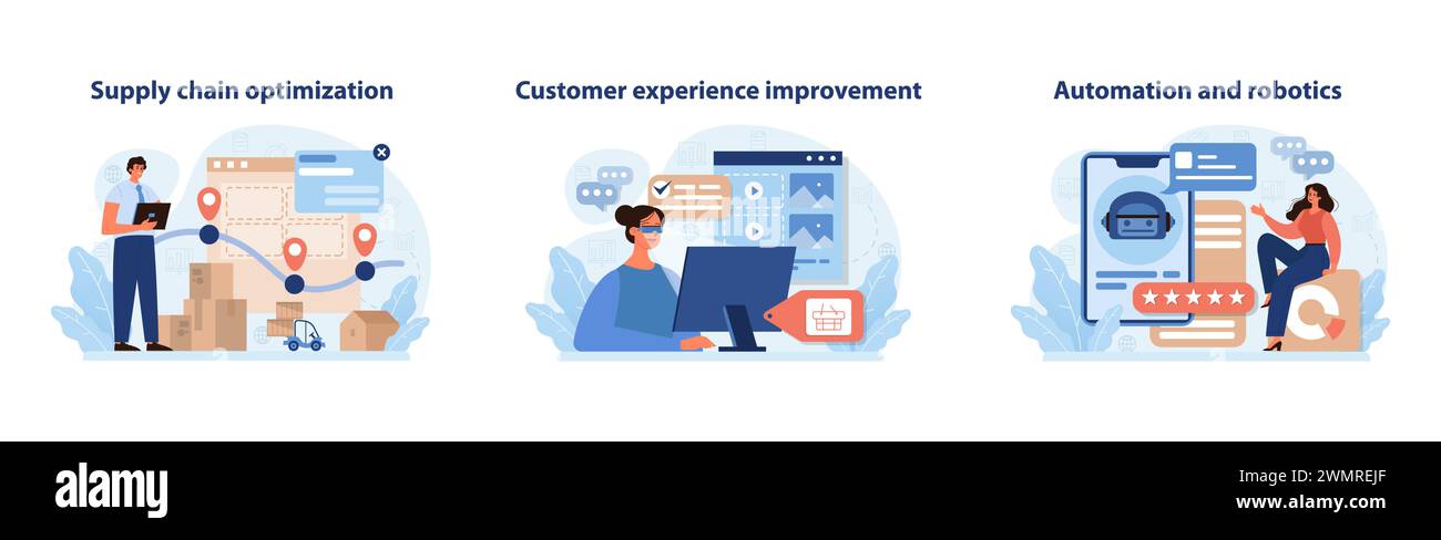 Retail Tech Vector Set. Streamlined supply chain, enhanced customer ...