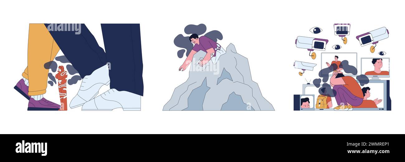 Human fears set. Scared characters confronting personal inadequacies ...