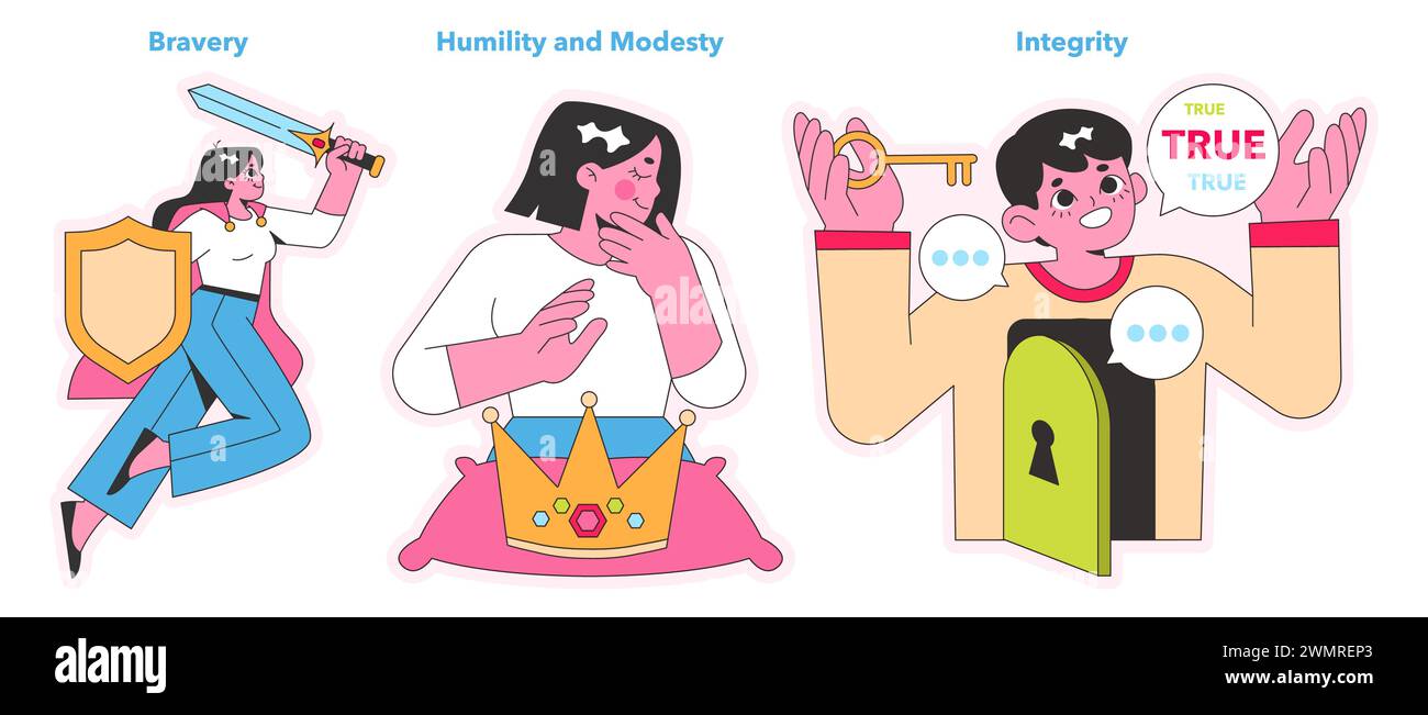 Character Strengths set. A warrior exhibiting bravery, a queen showing ...