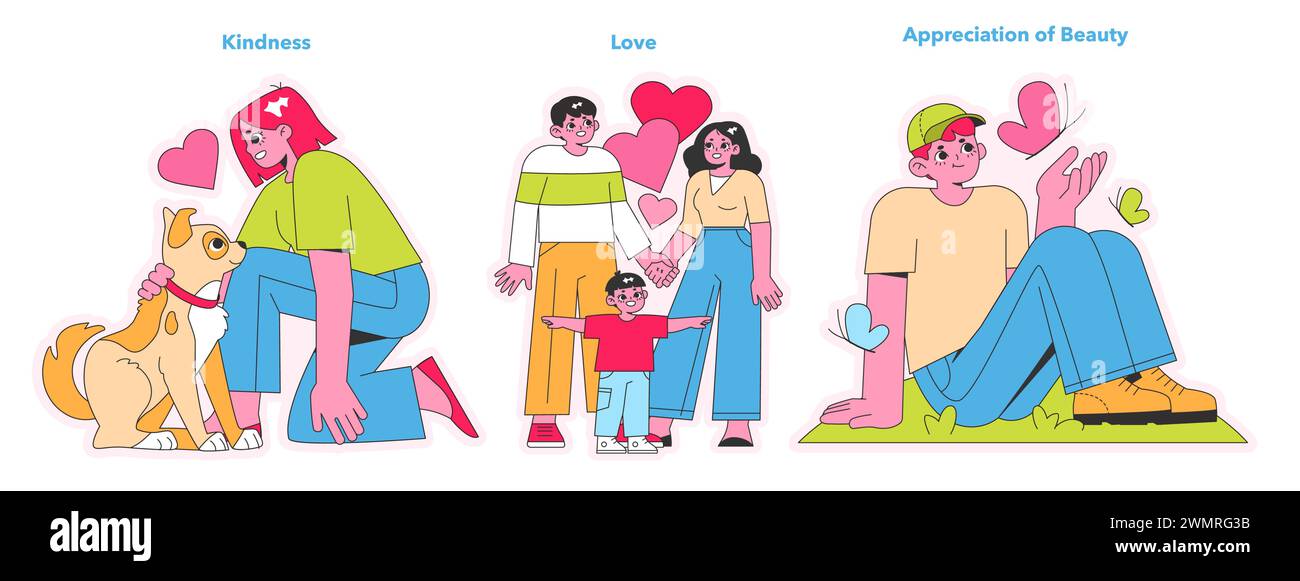 Character Strengths set. Acts of kindness to animals, familial love ...