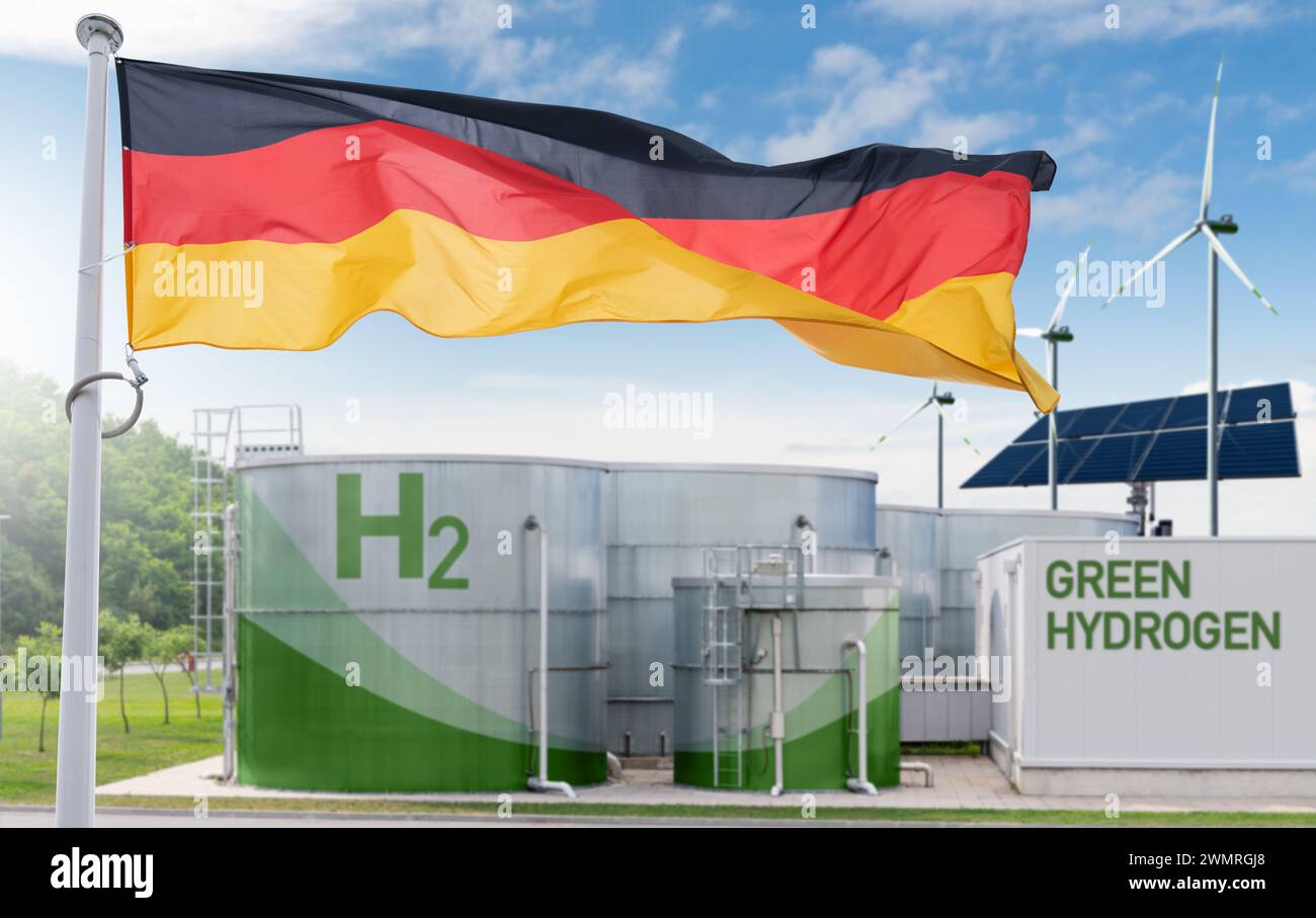 German flag on a background of green hydrogen factory. Concept Stock ...