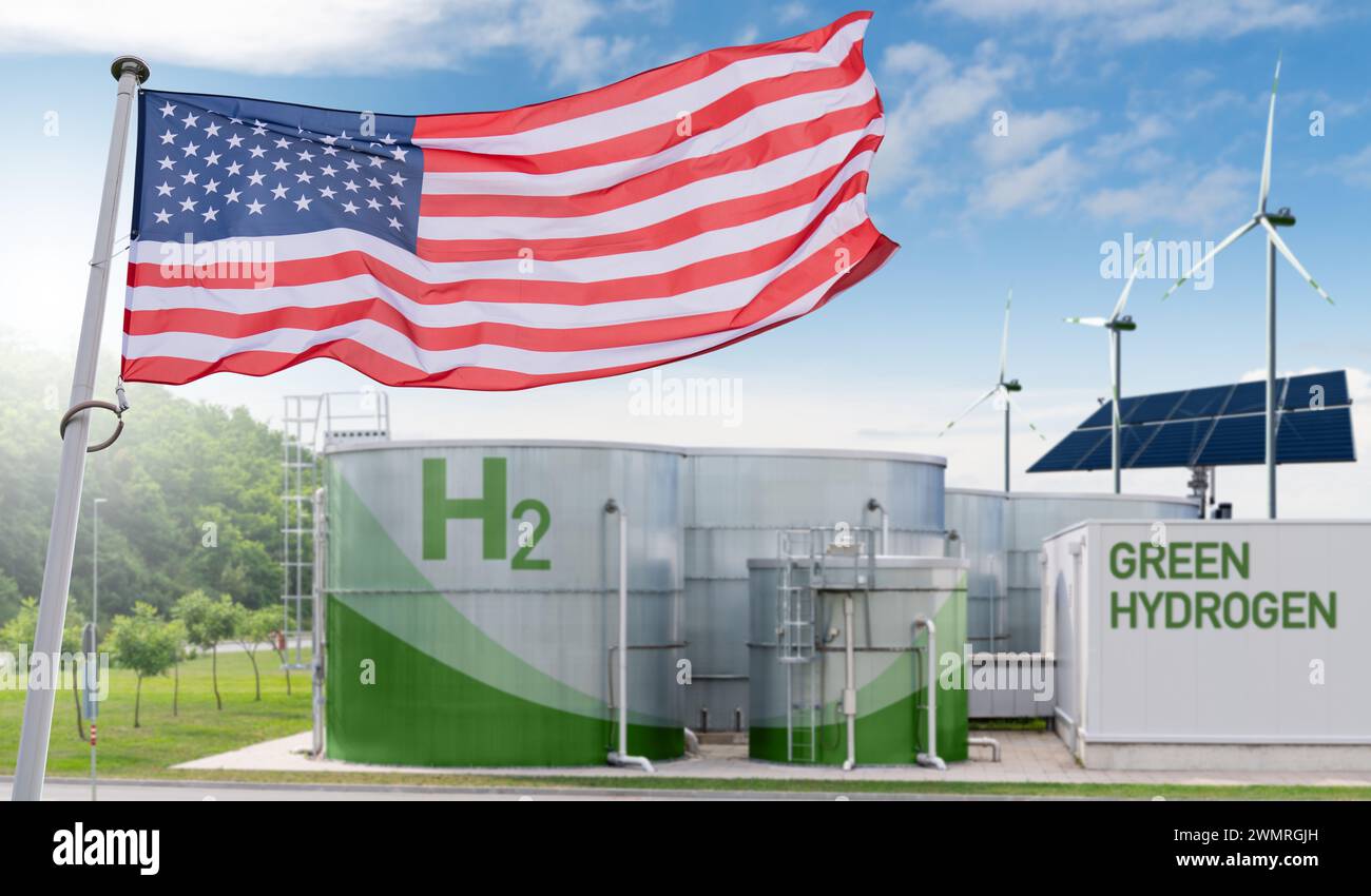 American flag on a background of green hydrogen factory. Concept Stock ...