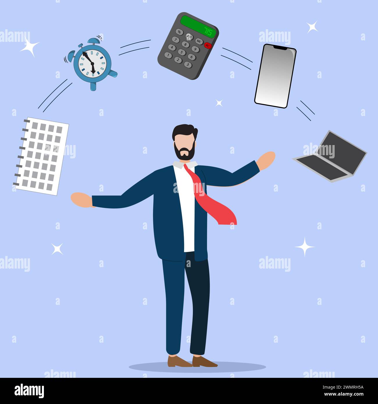 Busy businessman juggling with workplace items, Busy workload Concept ...