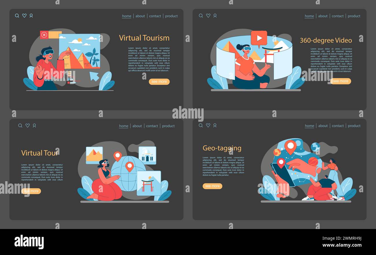 Virtual Tourism set. Innovative virtual travel experiences through ...