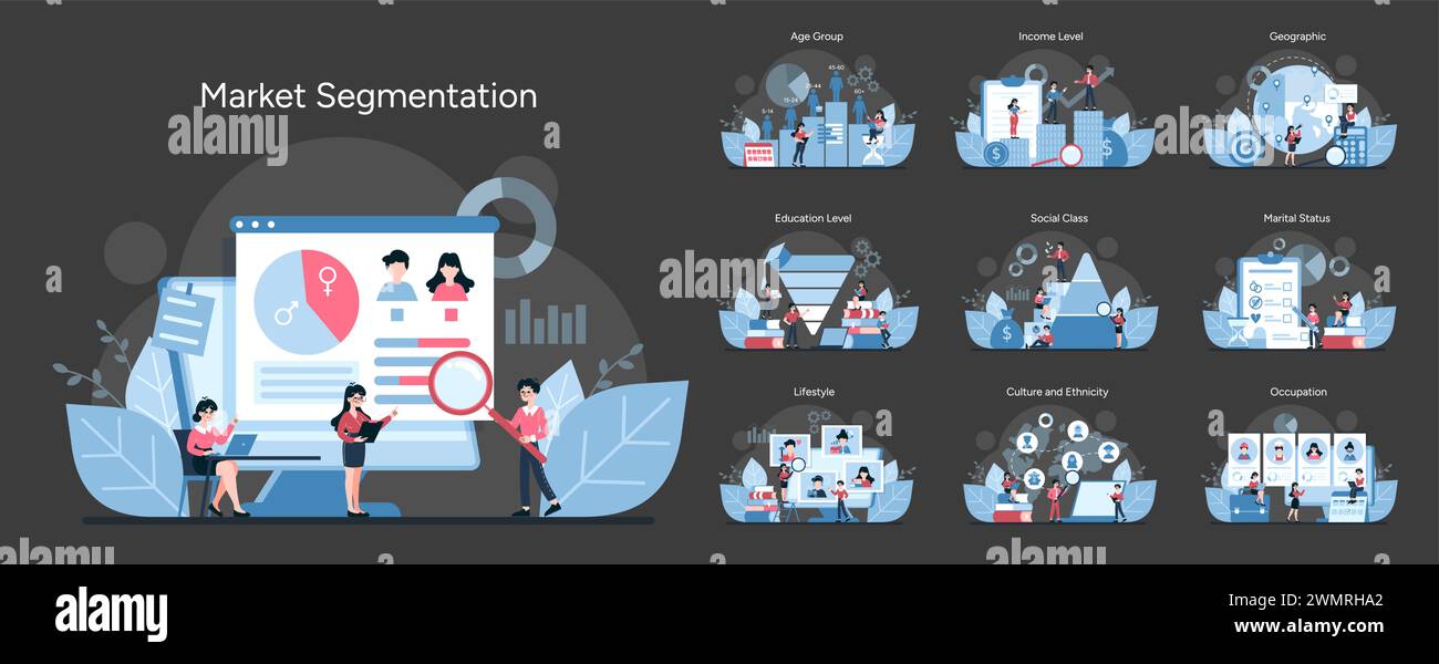 Market Segmentation set. Detailed visual guide to categorizing ...
