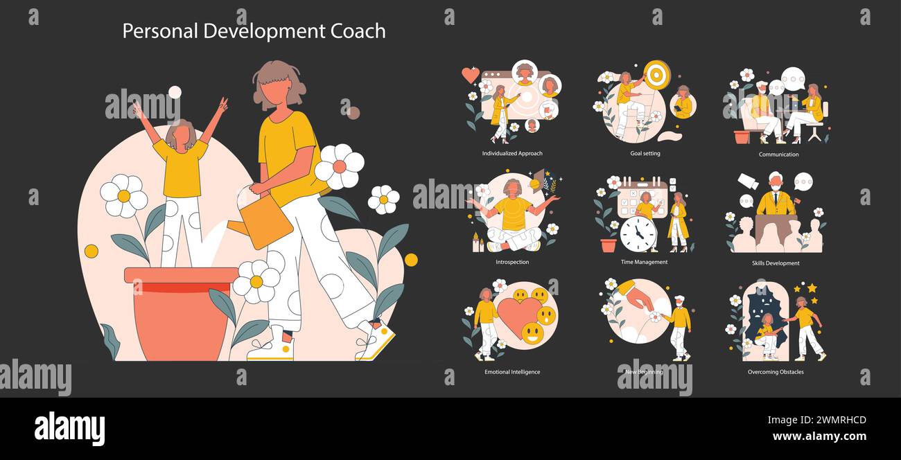 Personal Development Coach night or dark mode set. Series of growth ...