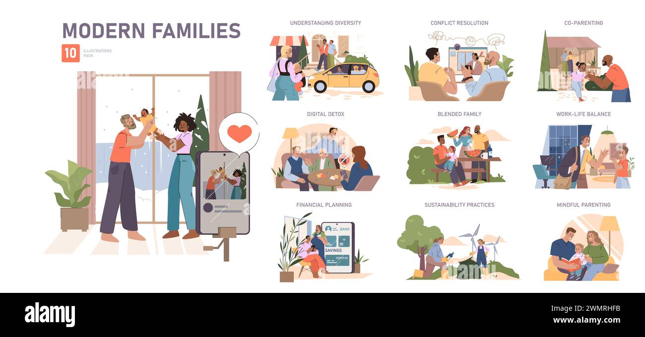 Modern Families set. Multigenerational interactions and diverse relationships. Parenting joys ...