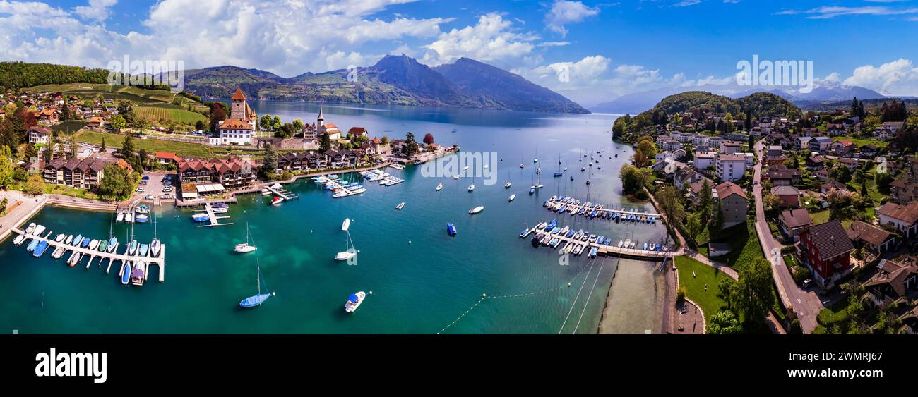 Switzerland. aerial drone panorama of lake Thun and the Spiez village ...
