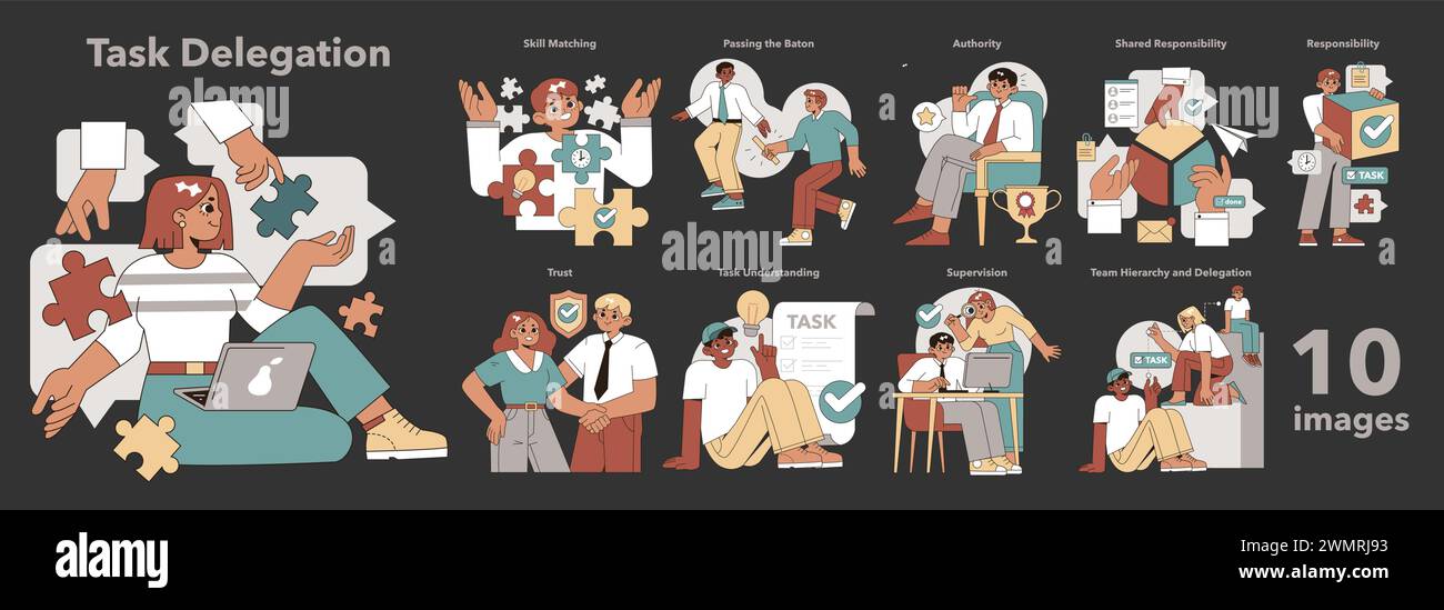 Task Delegation set. A series of illustrations showcasing team ...