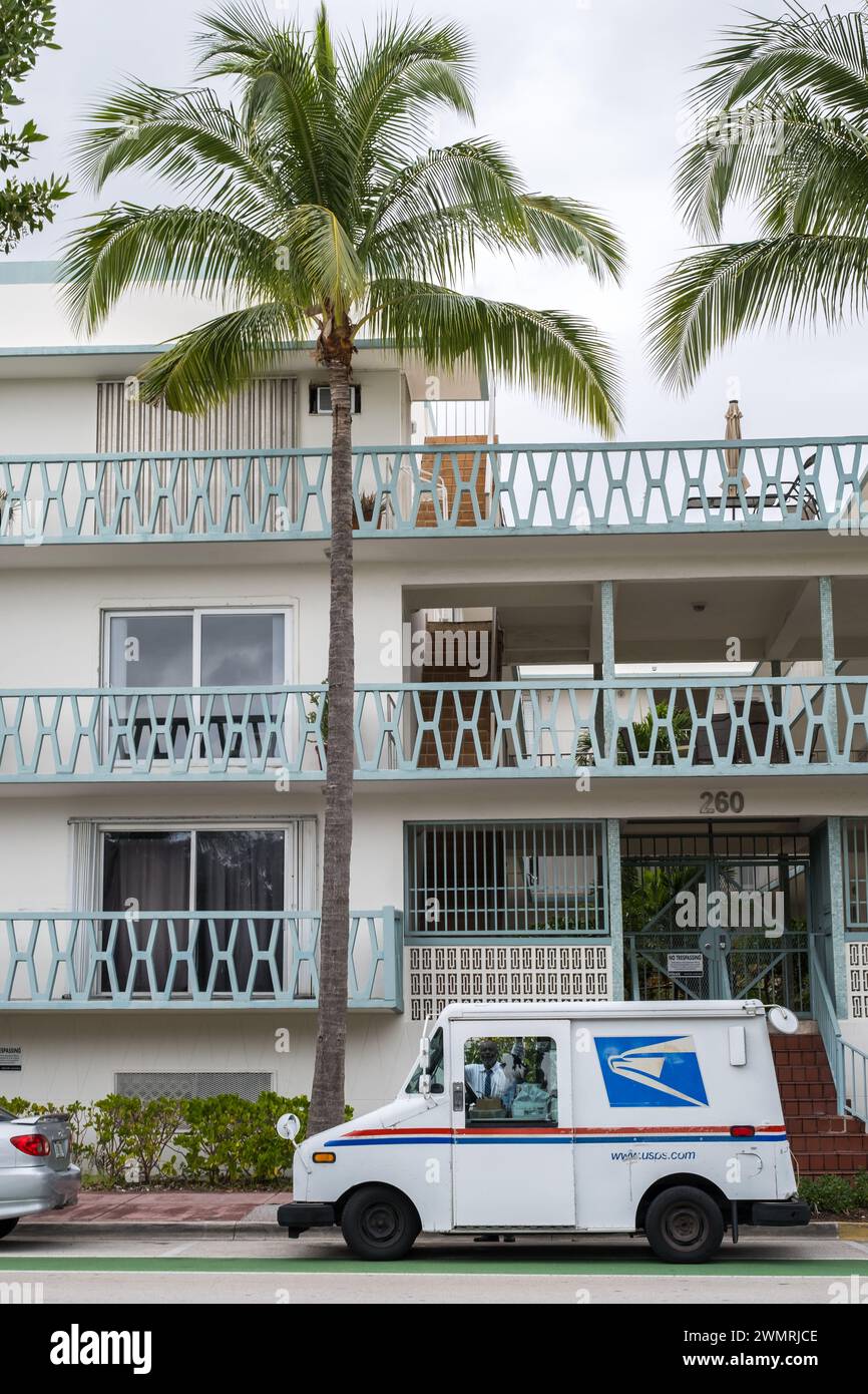 Miami, USA. 2 Nov, 2023. South Beach USPS mail delivery on Ocean Drive ...