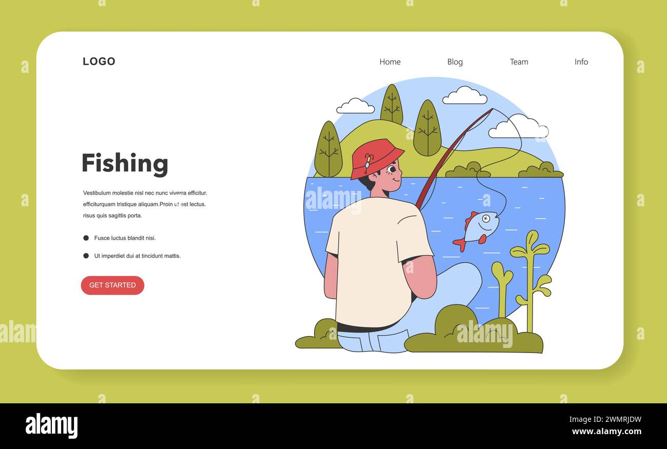 Quiet Lakeside Fishing. Angler in a hat catches a fish in a tranquil ...