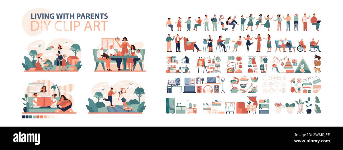 DIY Clip Art Set. Living with Parents Concept. Multigenerational family ...