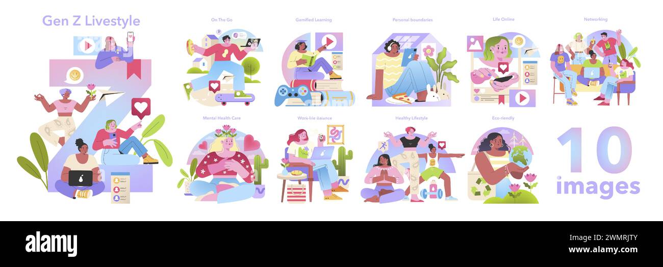 Gen Z Lifestyle set. Digital natives engaging in modern activities ...
