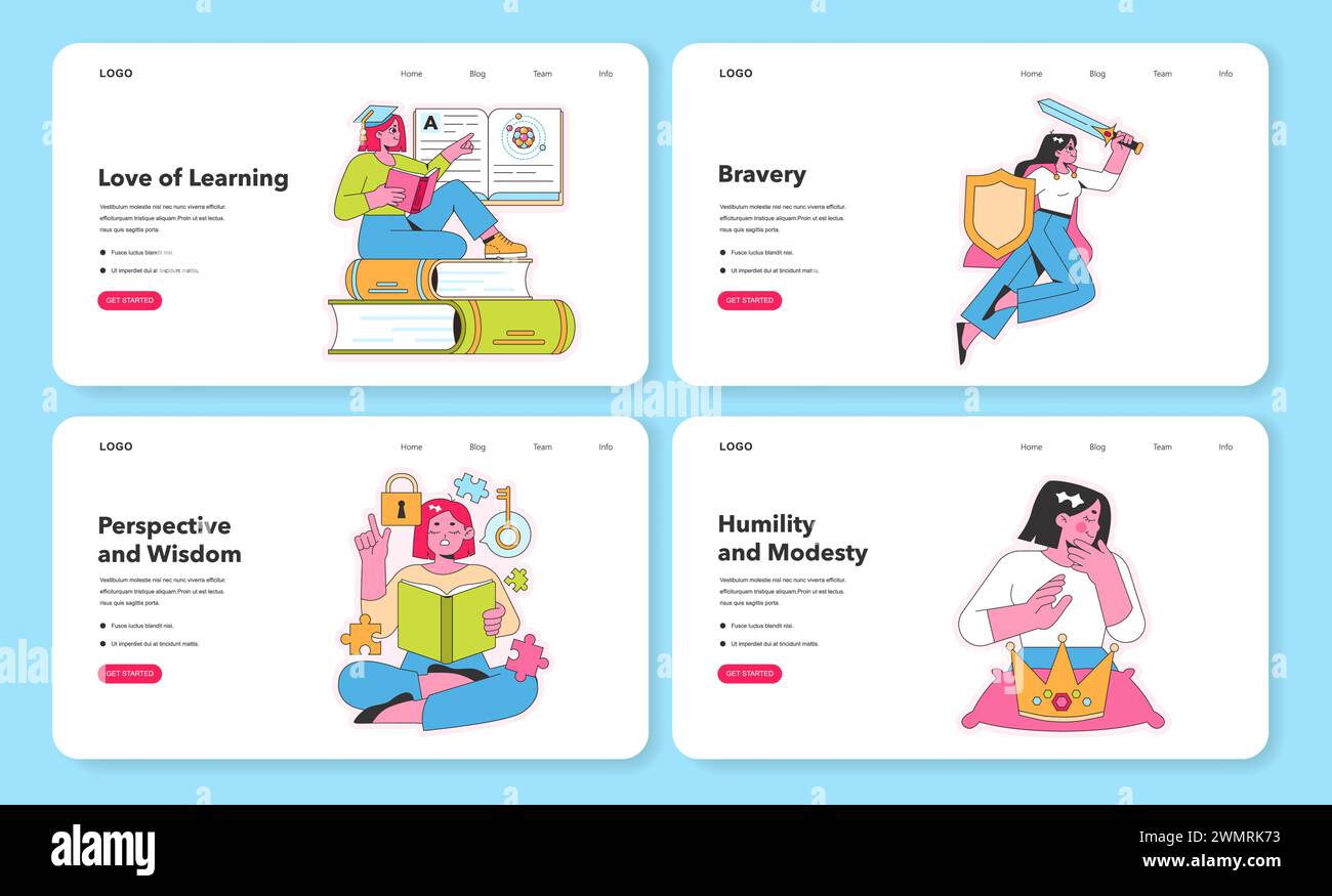 Character Strengths web layouts. Vivid illustrations of scholarly ...