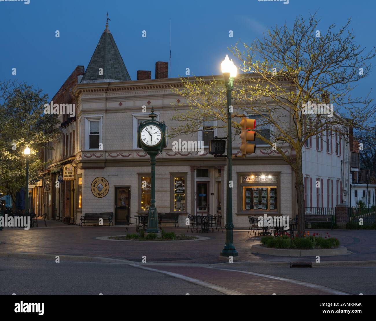 Nighttime, Dexter clock tower and city center, Michigan Stock Photo - Alamy