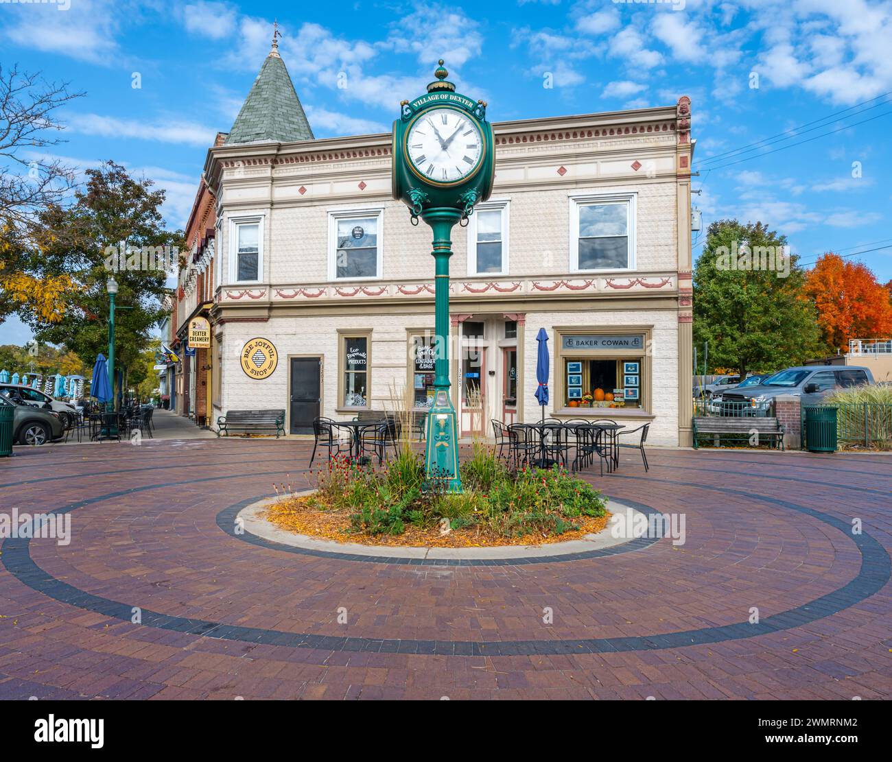 Dexter clock tower and city center during autumn, Michigan Stock Photo ...