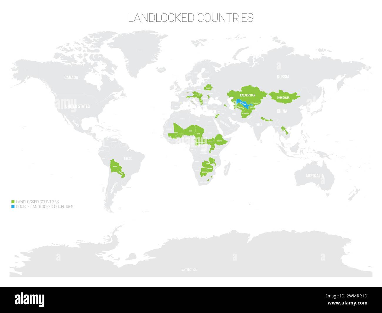 Political map of World with marked landlocked and double landlocked ...