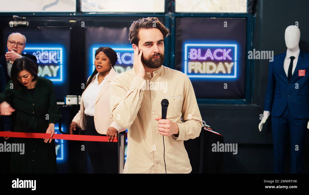 Journalist reporting live black friday madness from shopping center ...