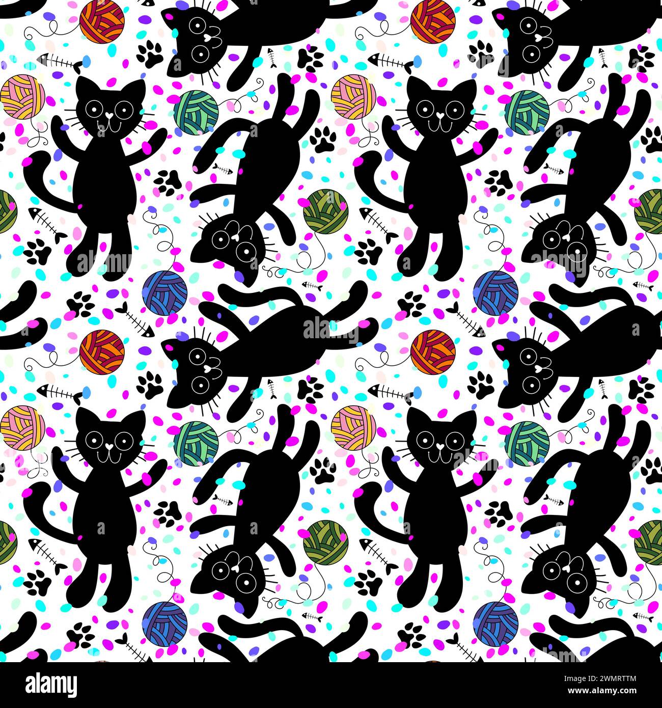 Cartoon animals accessories seamless cats and ball of threads and fish ...