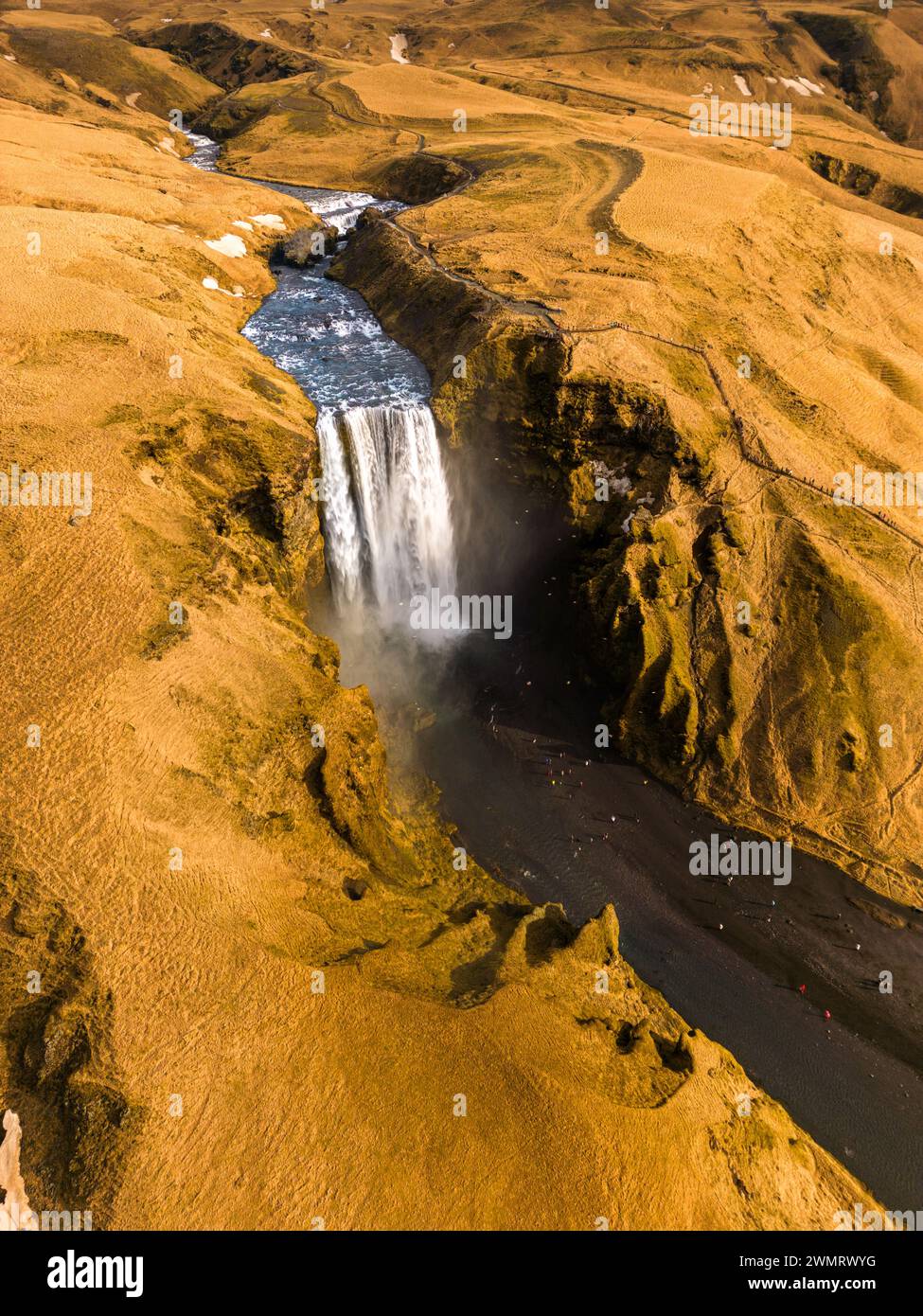 Drone shot of major waterfall in Iceland, with overflow of water ...