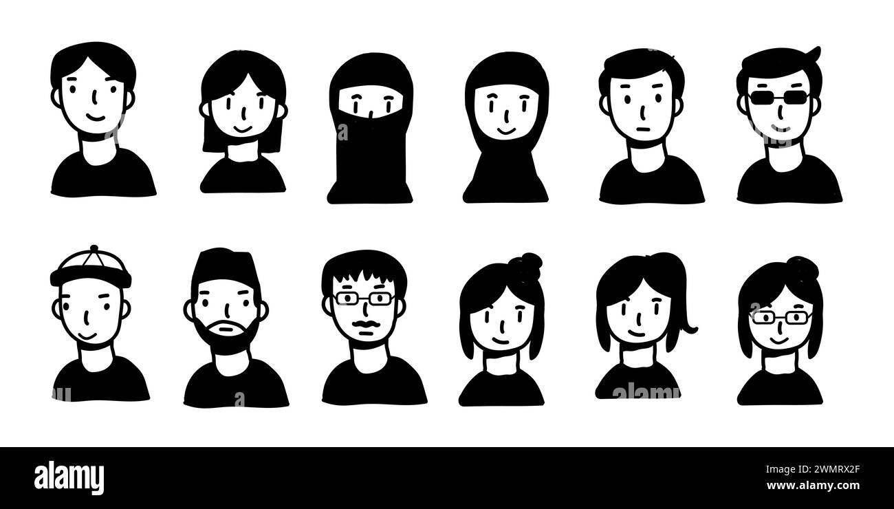 Set collection of hand drawing avatar character set black and white ...