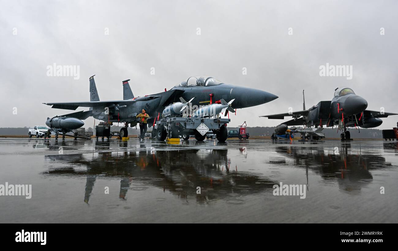 U.S. Air Force F-15E’s are staged on the flightline for an annual load ...