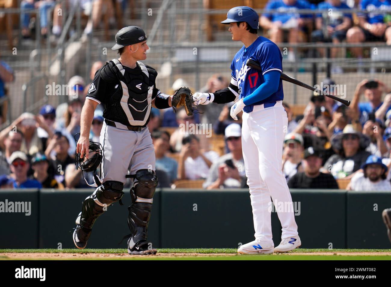 Los Angeles Dodgers designated hitter Shohei Ohtani (17) greets Chicago ...