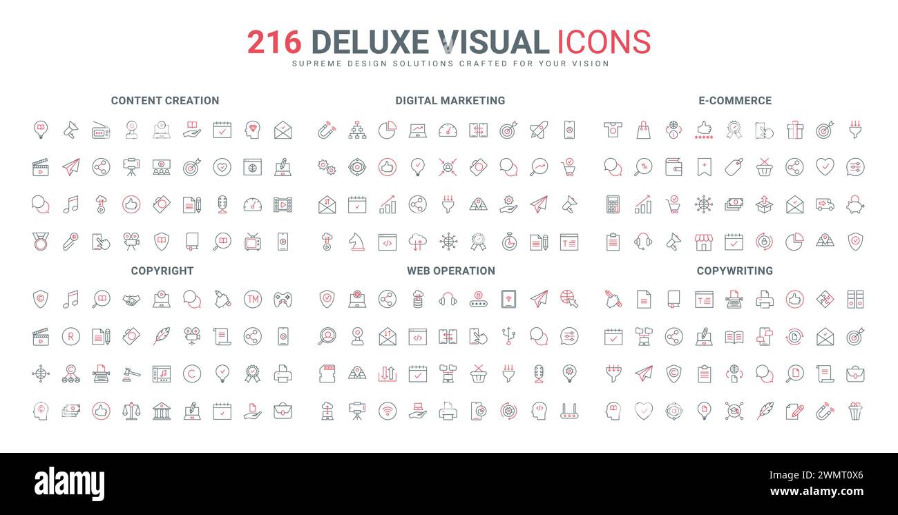 Content creation, marketing services for ecommerce and sales line icons set. Commercial ...