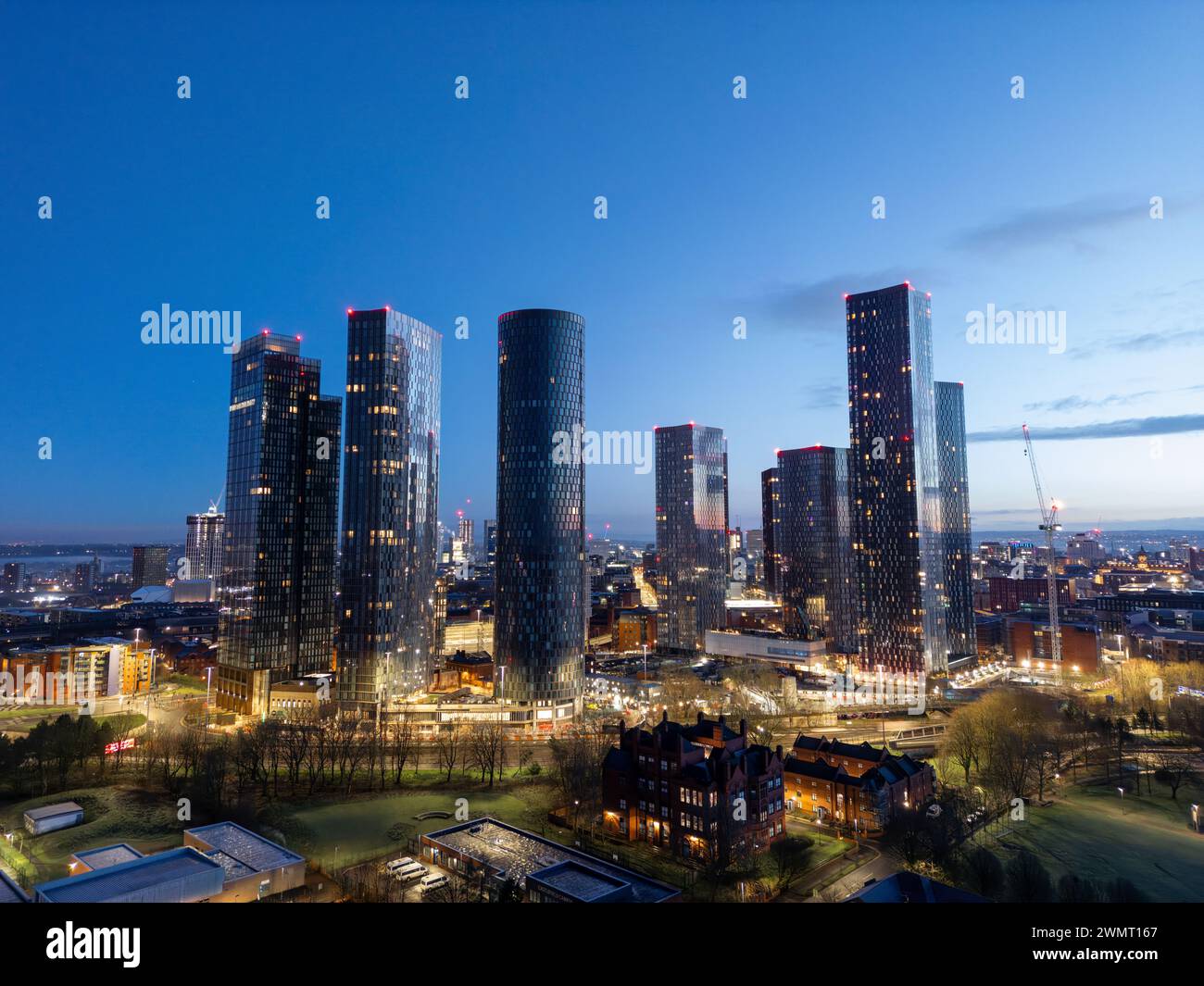 Aerial of Deansgate Square Manchester UK in the blue zone just before ...