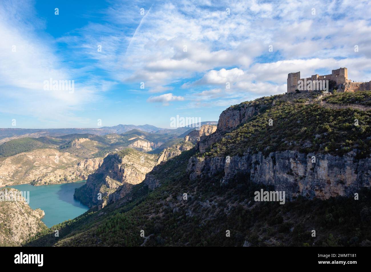 Panoramic view of the Chirel castle and the Jucar river. Cortes de ...