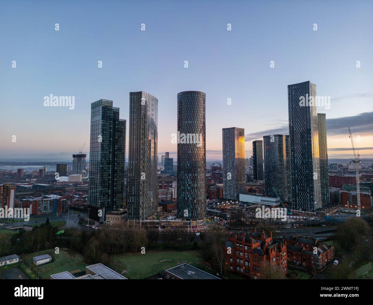 Aerial of Deansgate Square Manchester UK in the blue zone just before ...