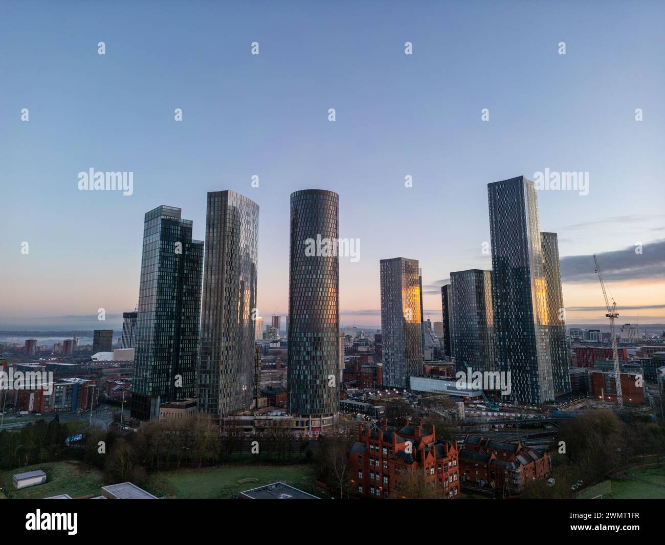Aerial of Deansgate Square Manchester UK in the blue zone just before ...
