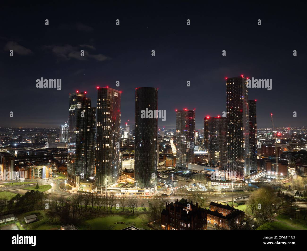 Aerial of Deansgate Square Manchester UK in the blue zone just before ...
