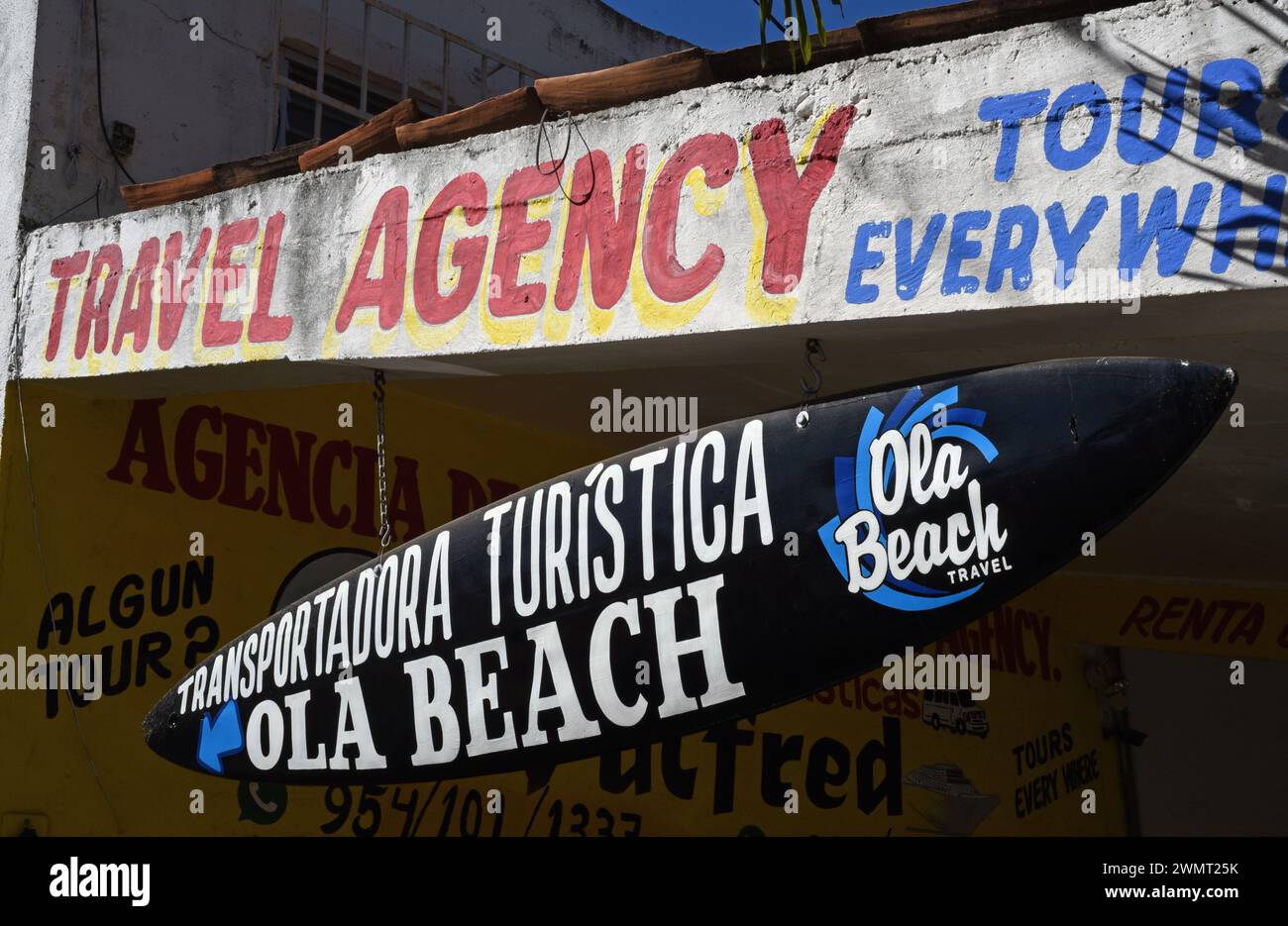 Signs for travel and tours in the Rinconada area in Puerto Escondido ...