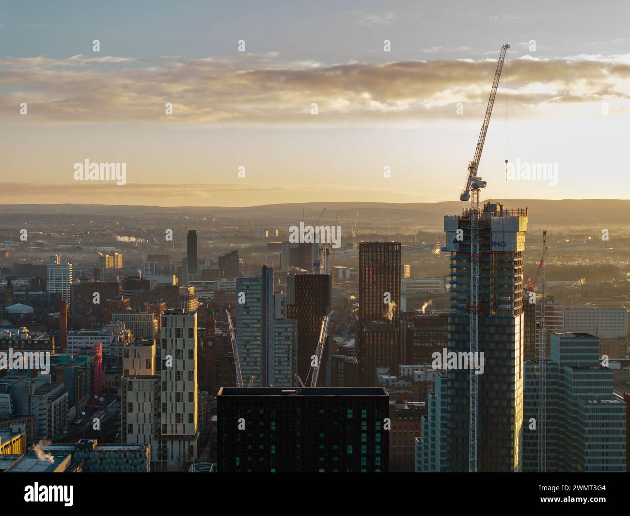 Aerial of Deansgate Square Manchester UK in the blue zone just before ...
