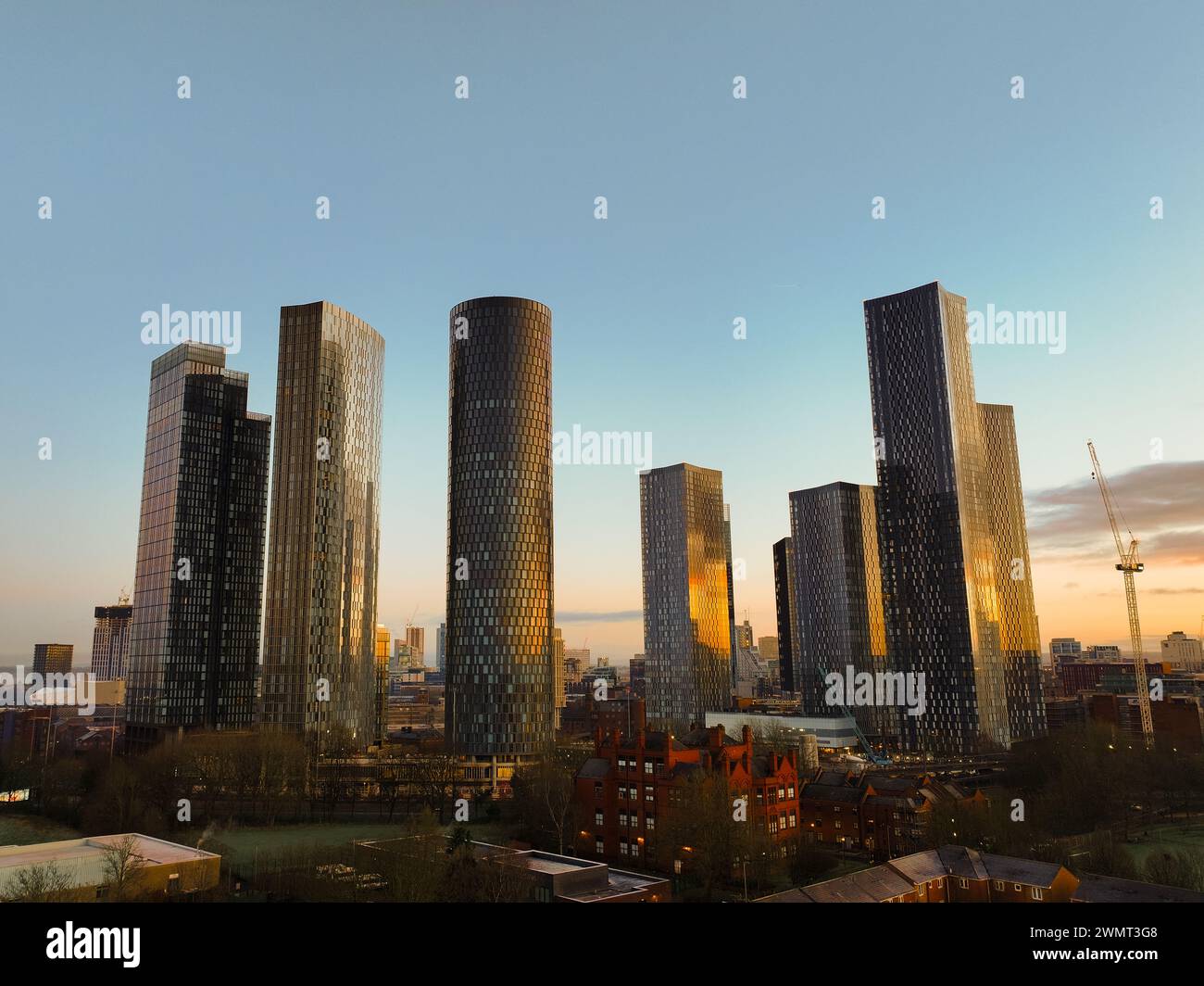Aerial of Deansgate Square Manchester UK in the blue zone just before ...