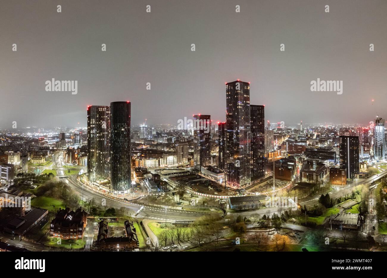 Aerial of Deansgate Square Manchester UK in the blue zone just before ...