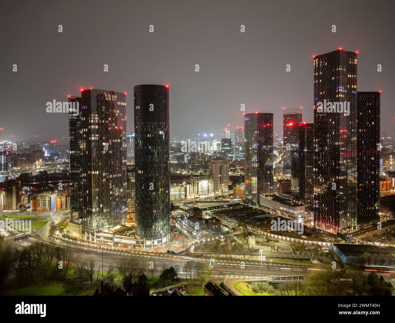 Aerial of Deansgate Square Manchester UK in the blue zone just before ...