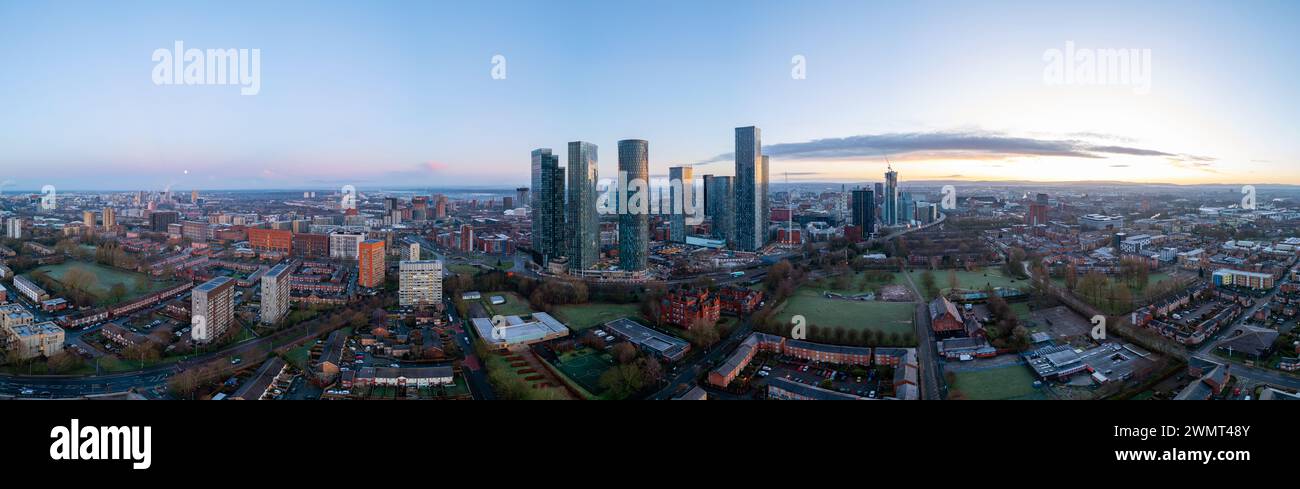 Aerial of Deansgate Square Manchester UK in the blue zone just before ...