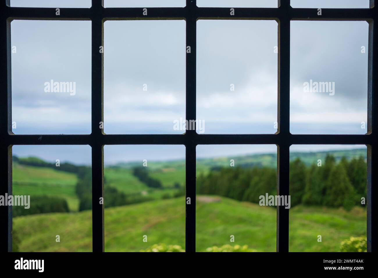 Window with iron grille and in the background the green fields of the ...
