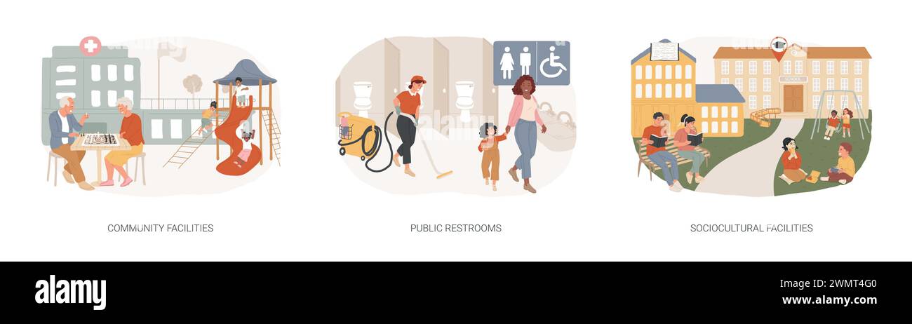 Public places isolated concept vector illustration set. Community ...