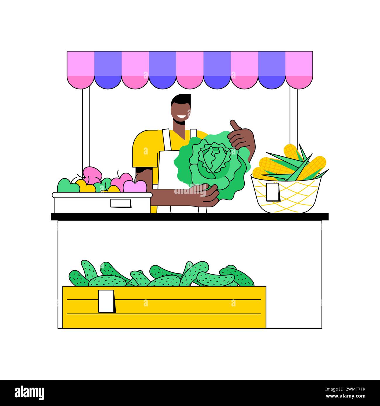 Roadside stands isolated cartoon vector illustrations. Farmer selling natural vegetables at ...