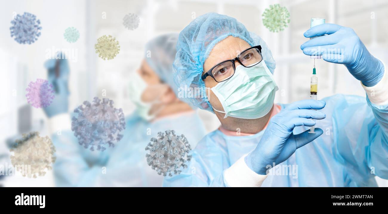 Scientists in the lab examine samples, enlarged viruses fly around ...