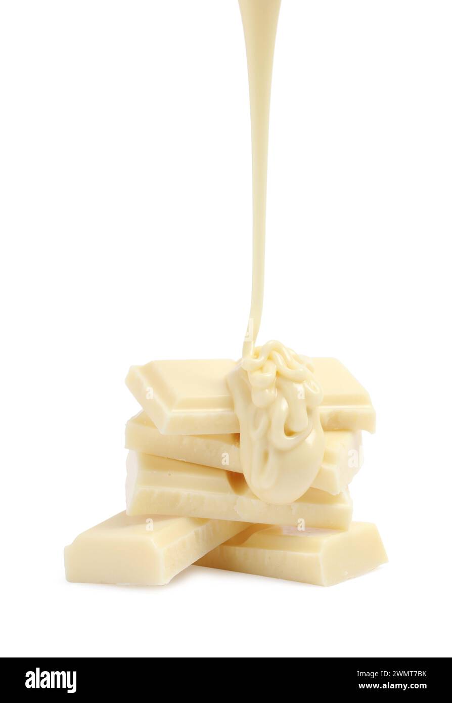 Pouring tasty chocolate paste onto pieces isolated on white Stock Photo ...