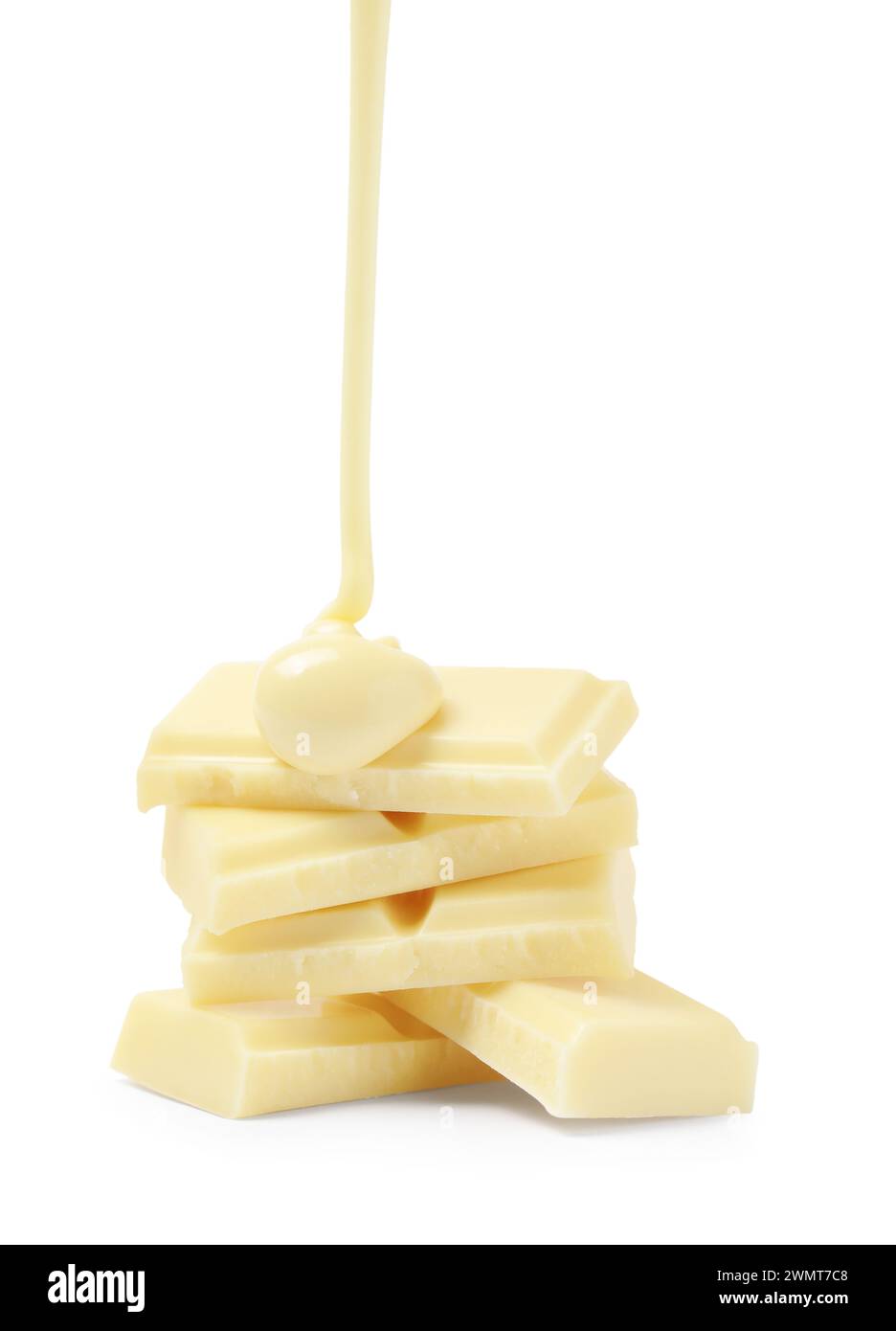 Pouring tasty chocolate paste onto pieces isolated on white Stock Photo ...