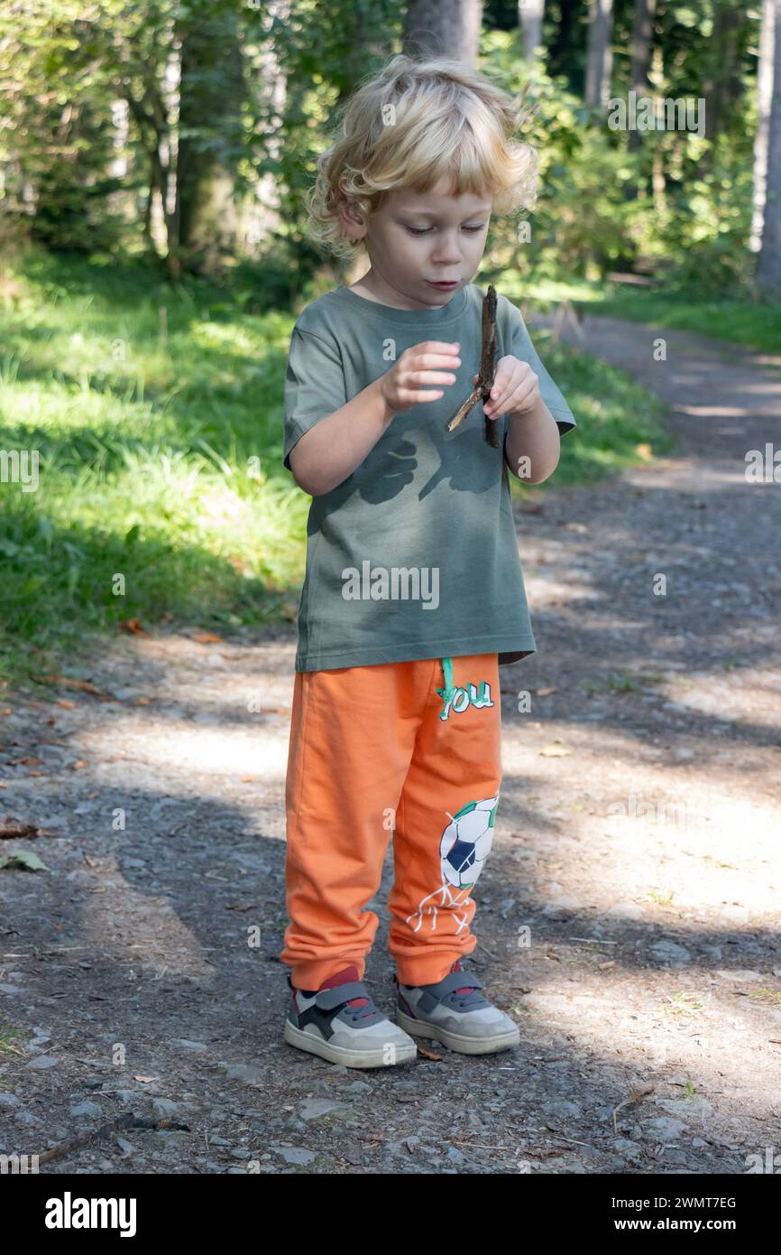 A little boy explores nature on a forest path Stock Photo - Alamy