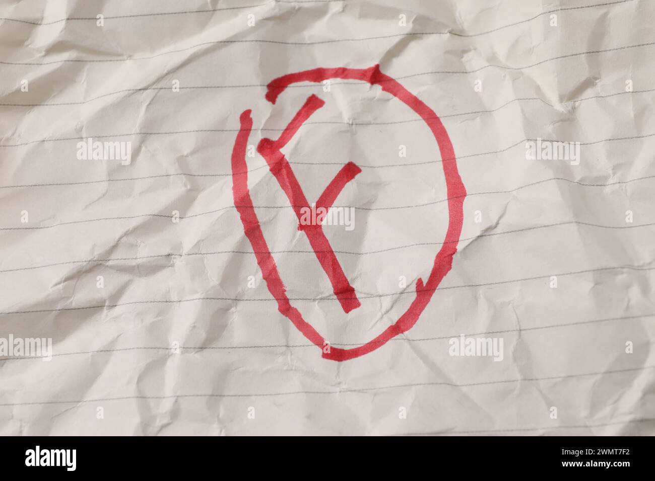 School grade. Red letter F on notebook paper, top view Stock Photo - Alamy