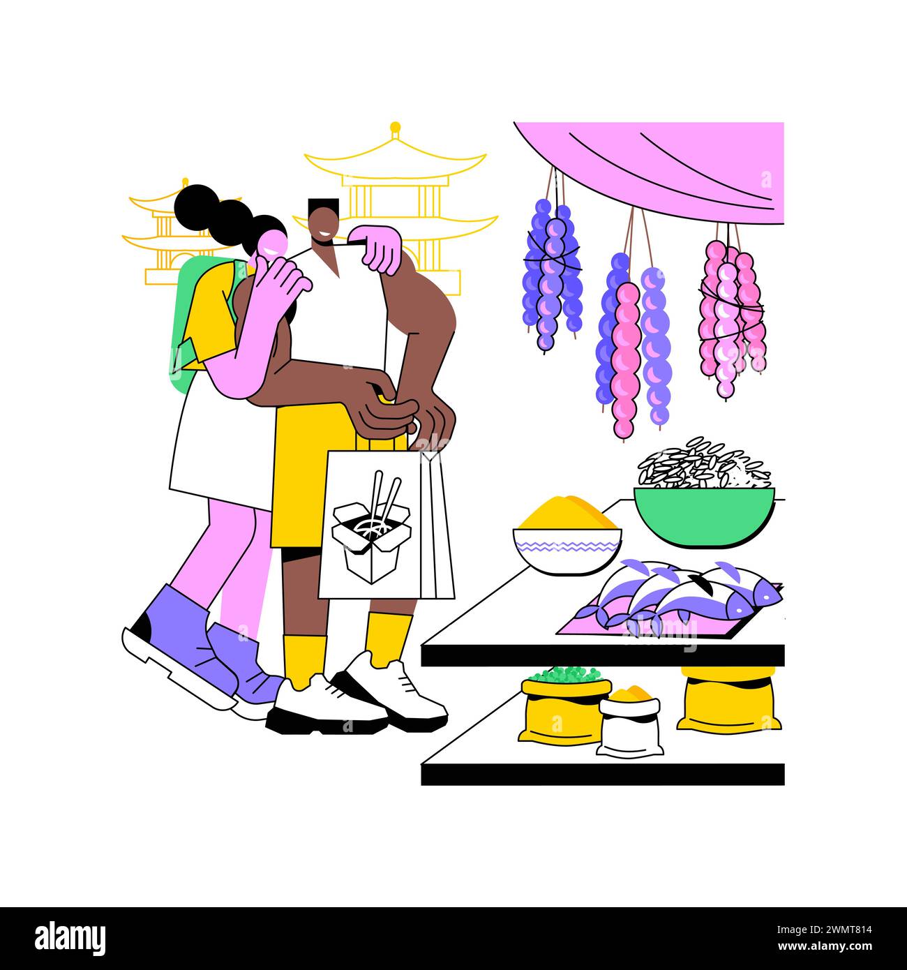 Asian food market isolated cartoon vector illustrations. Couple going ...