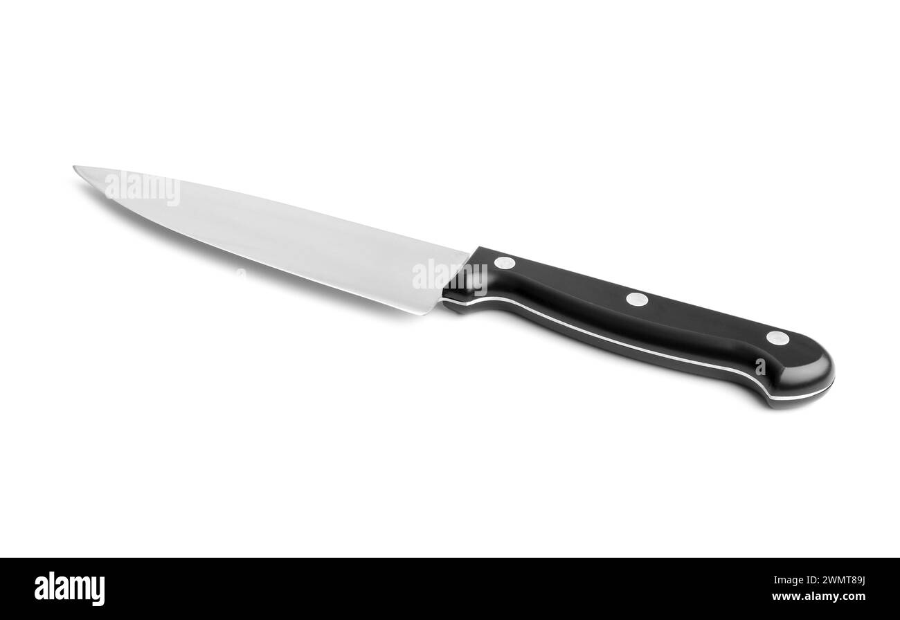 One sharp knife with black handle isolated on white Stock Photo - Alamy