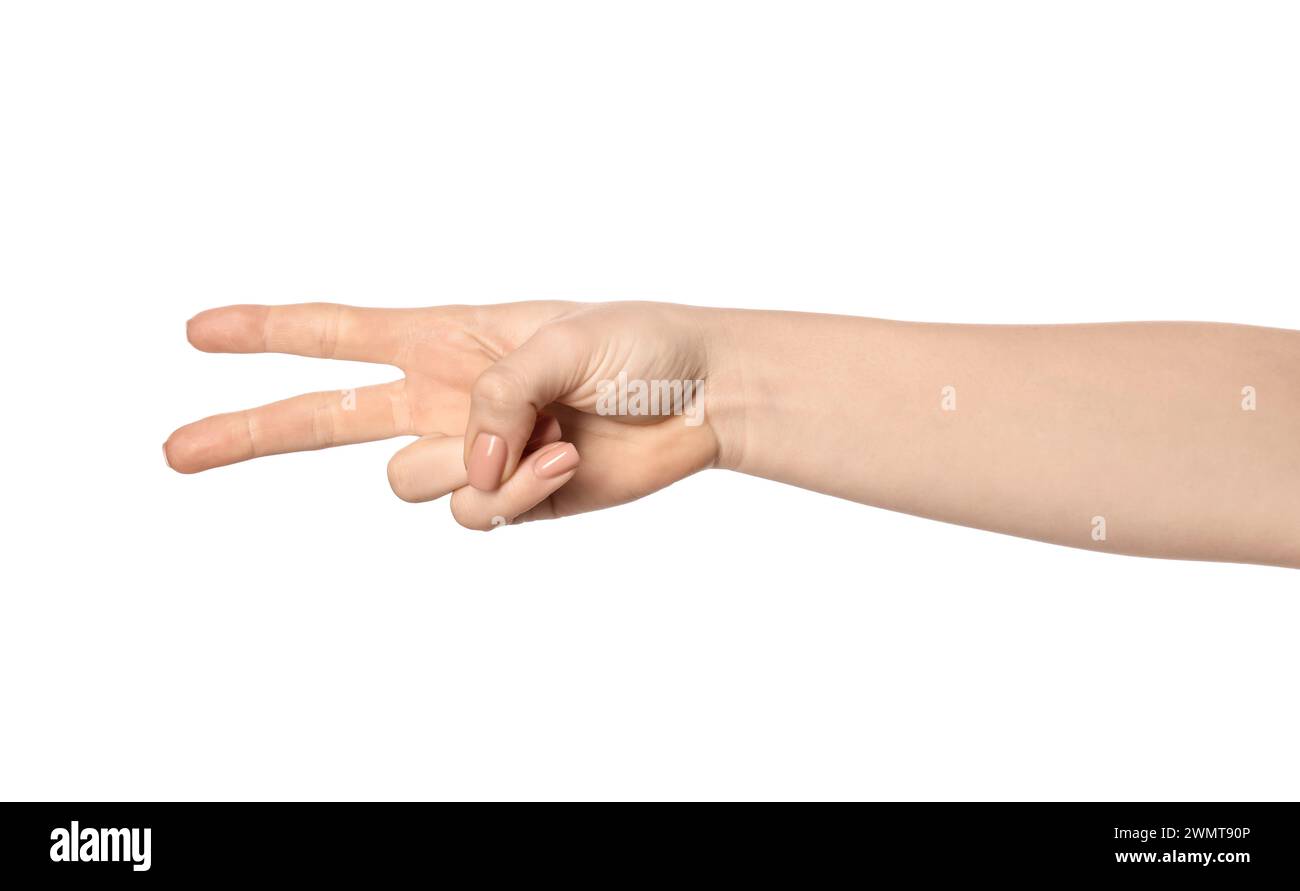 Playing rock, paper and scissors. Woman making scissors with her ...